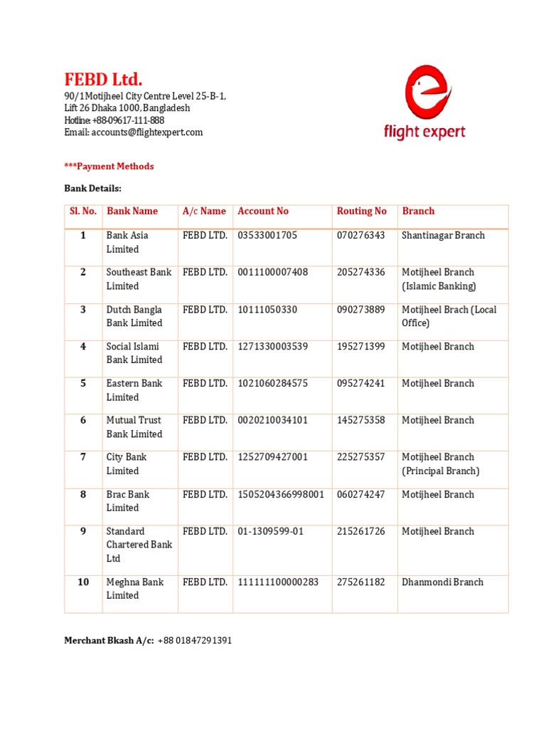 Bank Details FEBD LTD | PDF