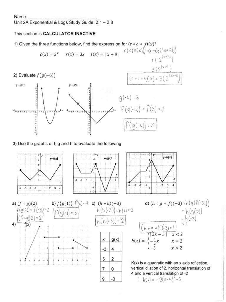 Unit 2A Exponential and Log Functions Study Guide Solutions | PDF