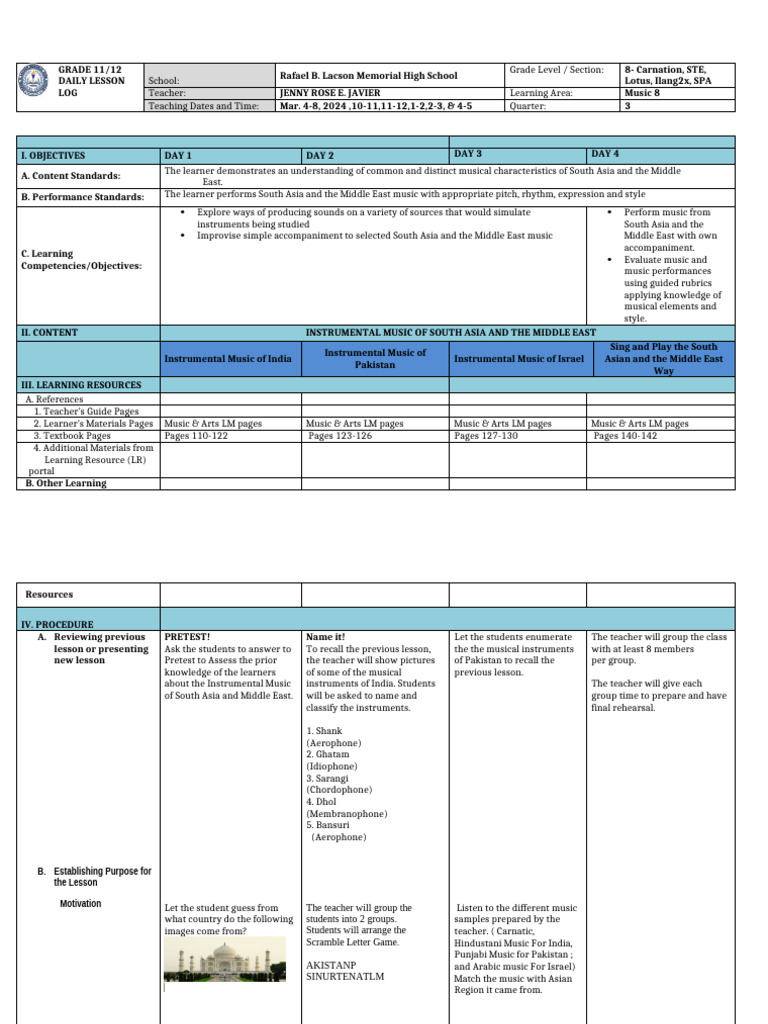 Grade 8 Music Lesson Plan: South Asia & Middle East | PDF | Learning ...