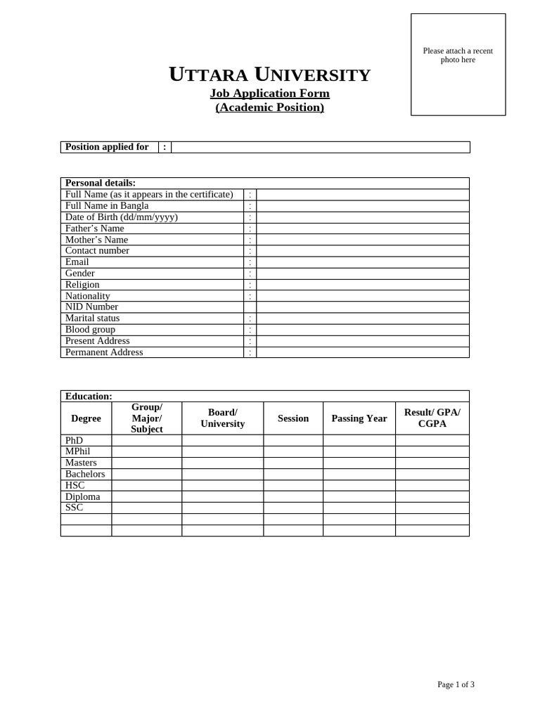 Uttara University Academic Job Form | PDF | Academic Degree | Educational Stages