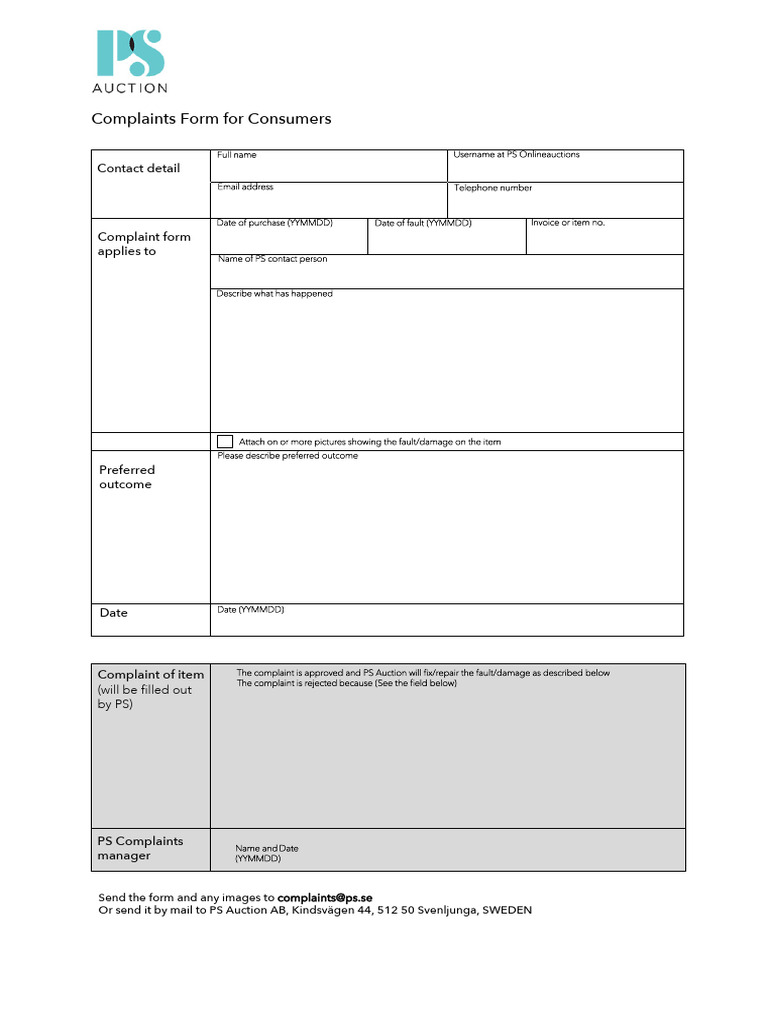Consumer Complaints Form for PS Auctions | PDF
