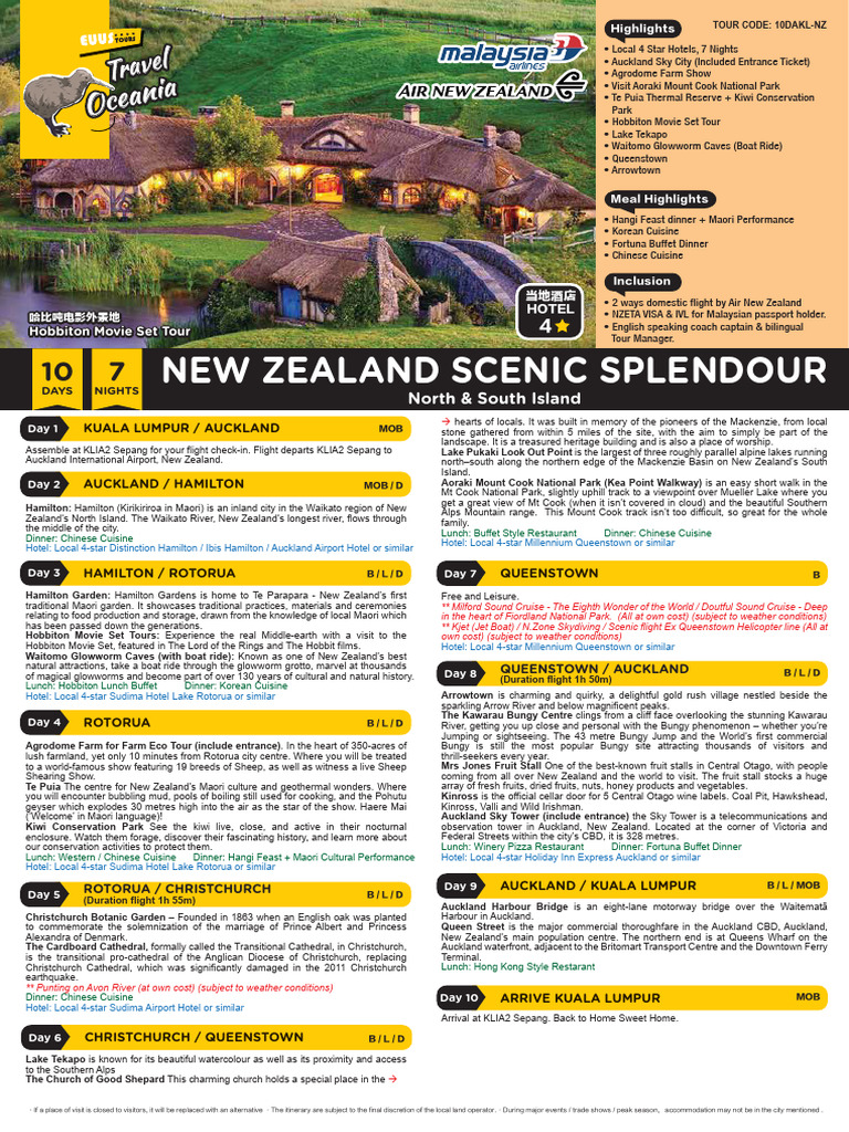 New Zealand Scenic Splendor Tour_10d7n_mh & Nz (240618) | PDF