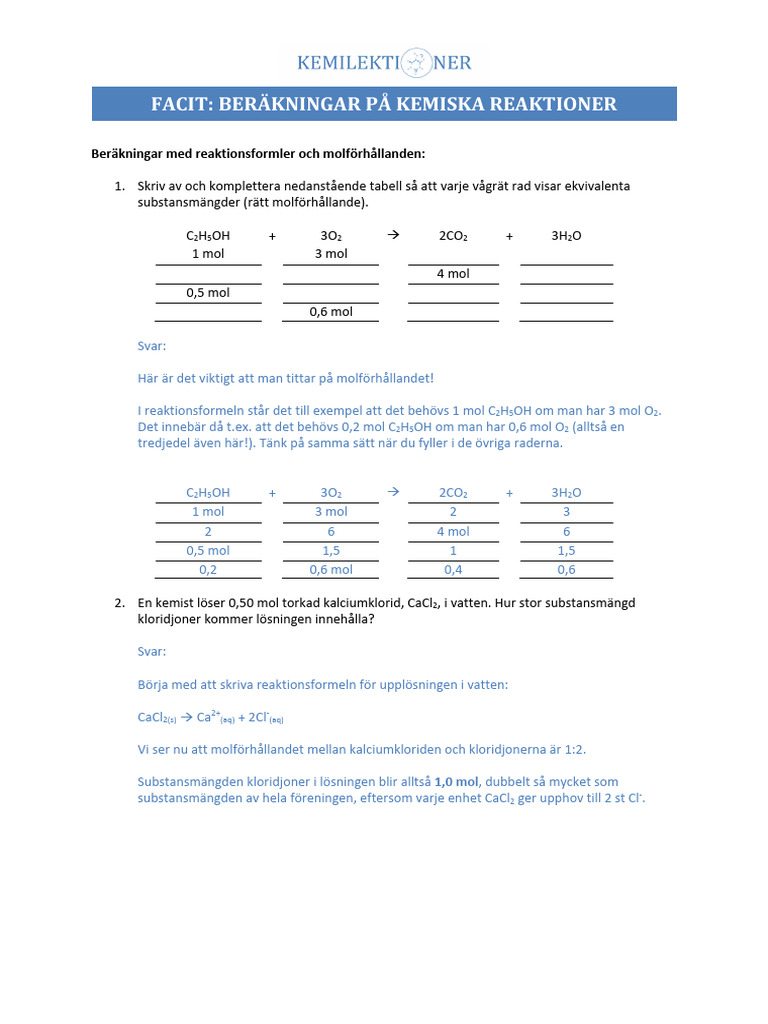 Facit Beräkningar På Kemiska Reaktioner 2 | PDF