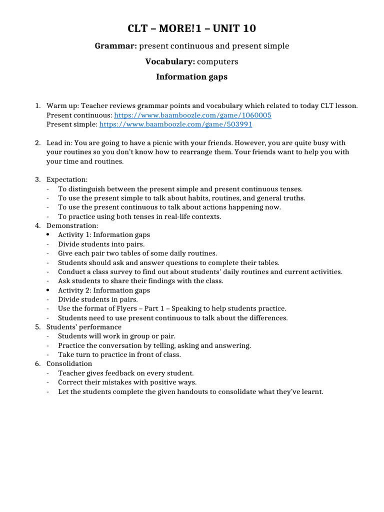 CLT LESSON PLAN - MORE!1 - UNIT 10 | PDF
