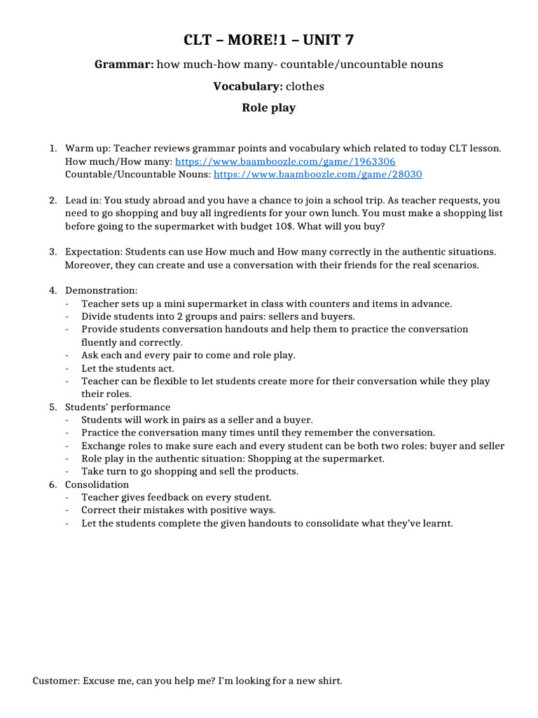 CLT Lesson Plan - More!1 - Unit 7 | PDF | Linguistics