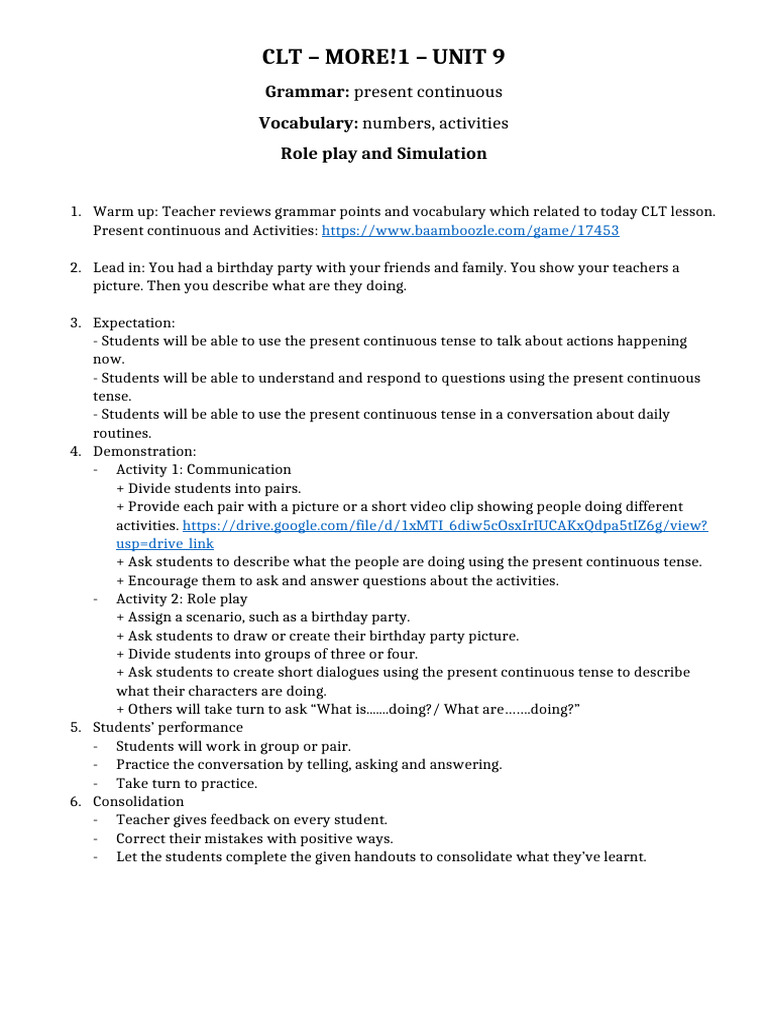 CLT LESSON PLAN - MORE!1 - UNIT 9 | PDF