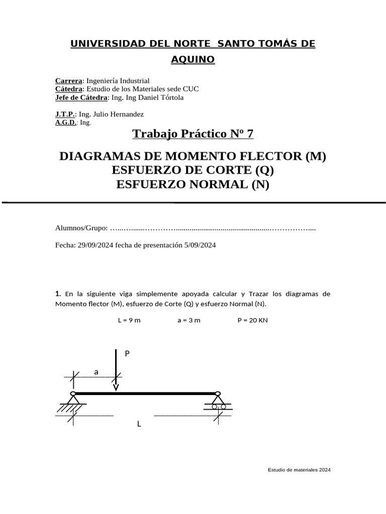 T.P. #7 Diagrama de Momento Flector Esf. Corte y Normal 2024 Cuc | PDF