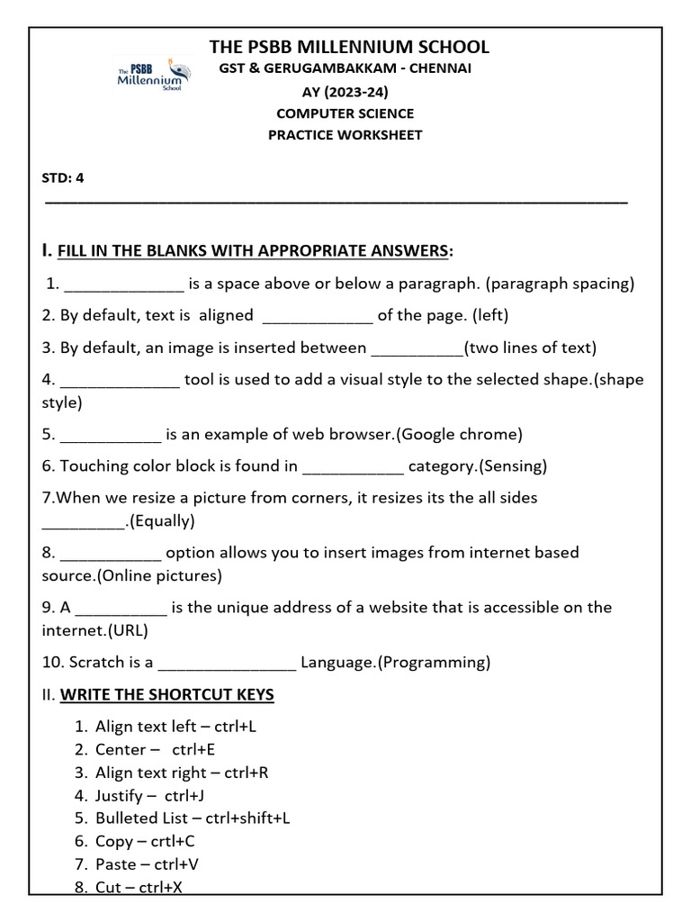 STD 4 - CT5 - Practice Worksheet With Answer Key1710145047 | PDF | World Wide Web | Internet & Web