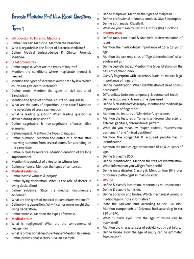 Forensic Medicine Prof Viva Recall Questions | PDF | Virginity | Poison