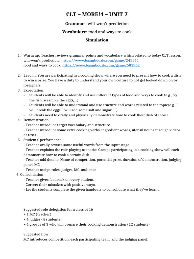 CLT Lesson Plan - More!4 - Unit 7 | PDF | Linguistics | Grammar