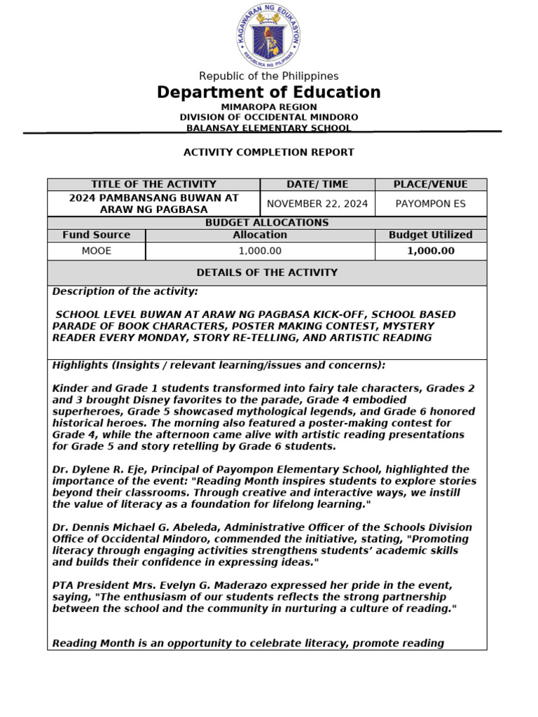 payomponES-2024-PBAP-Activity-Report | PDF | Learning | Behavior Modification