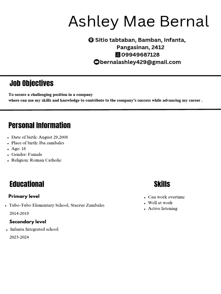 Resume: Ashley Mae Bernal's Career Objectives | PDF