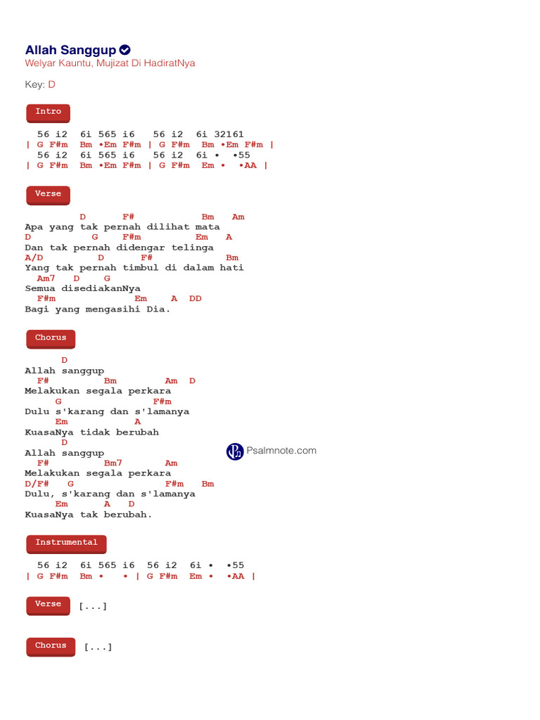 Allah Sanggup Chords & Lyrics - Welyar Kauntu - P | PDF