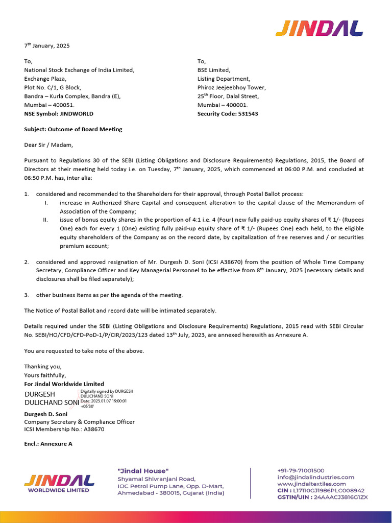 Nse Symbol: Jindworld Security Code: 531543 Subject: Outcome of Board ...