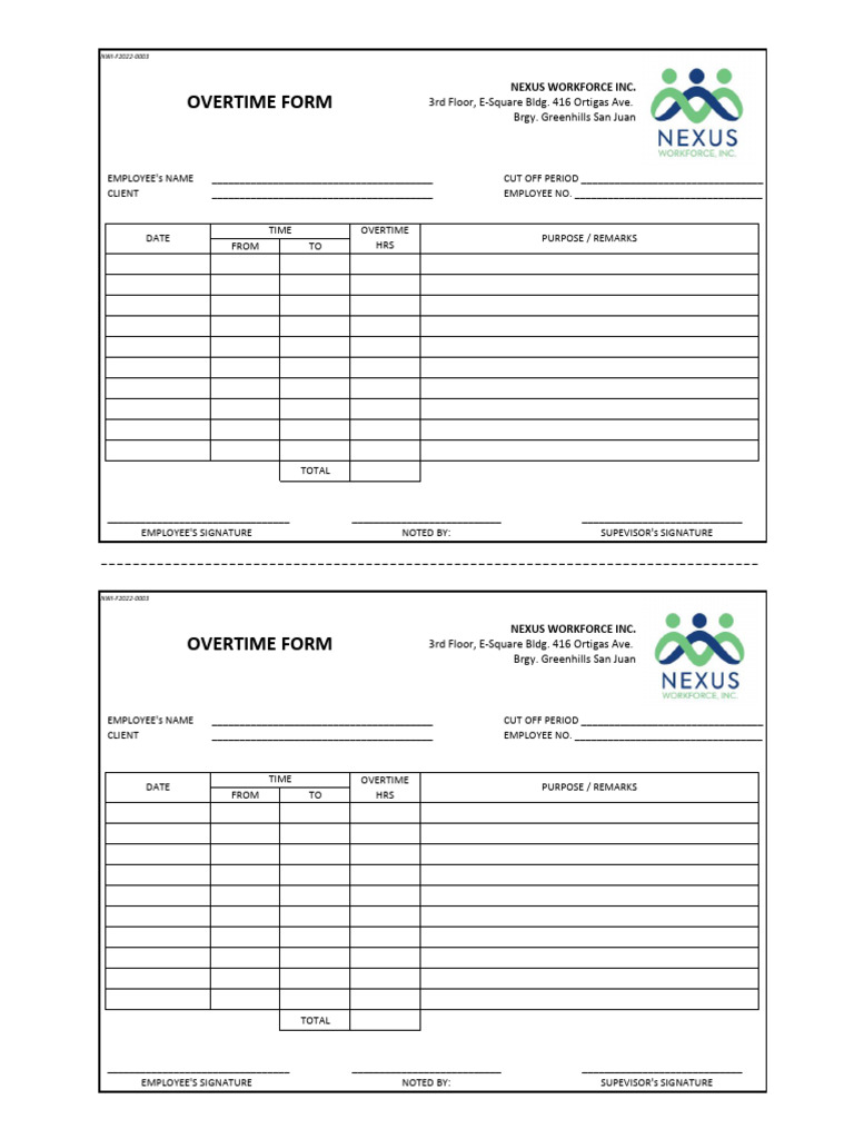 Overtime Form for Nexus Workforce Inc. | PDF