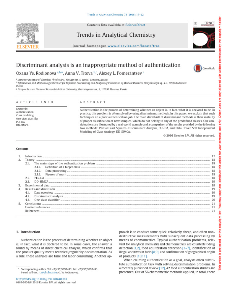 Discriminant Analysis is an Inappropriate Method of Authenicaltion | PDF | Chemometrics ...