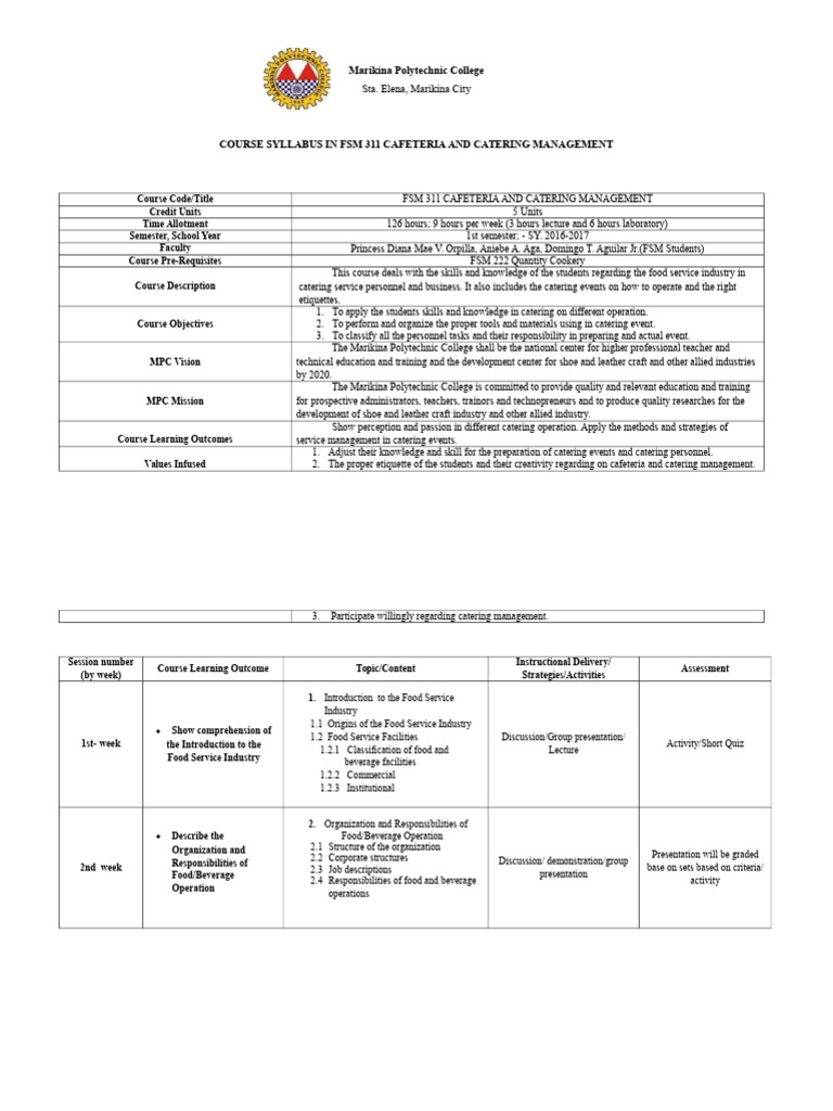 Course Syllabus in FSM 311 Cafeteria and Catering Management | PDF ...