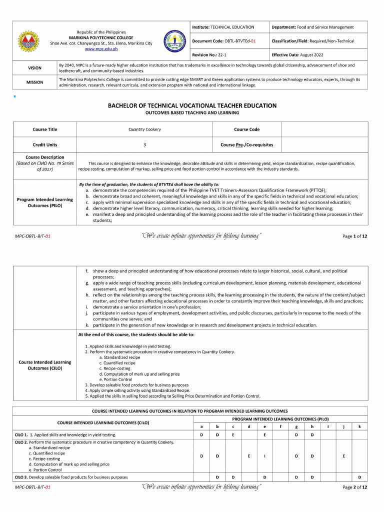 Quantity Cookery Syllabus (Internet Base) | PDF