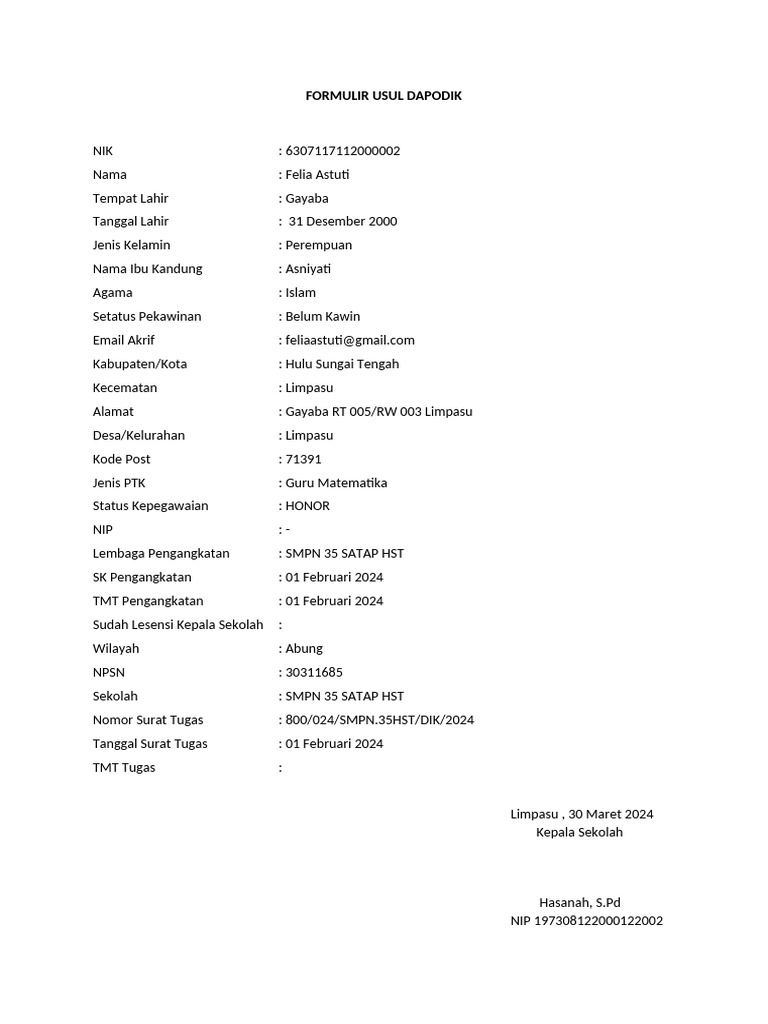 Formulir Usul Dapodik New | PDF