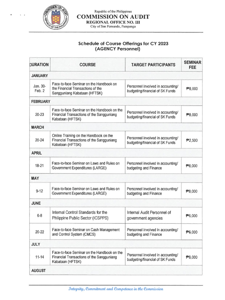 Schedule of Course Offerings For CY 2023 | PDF