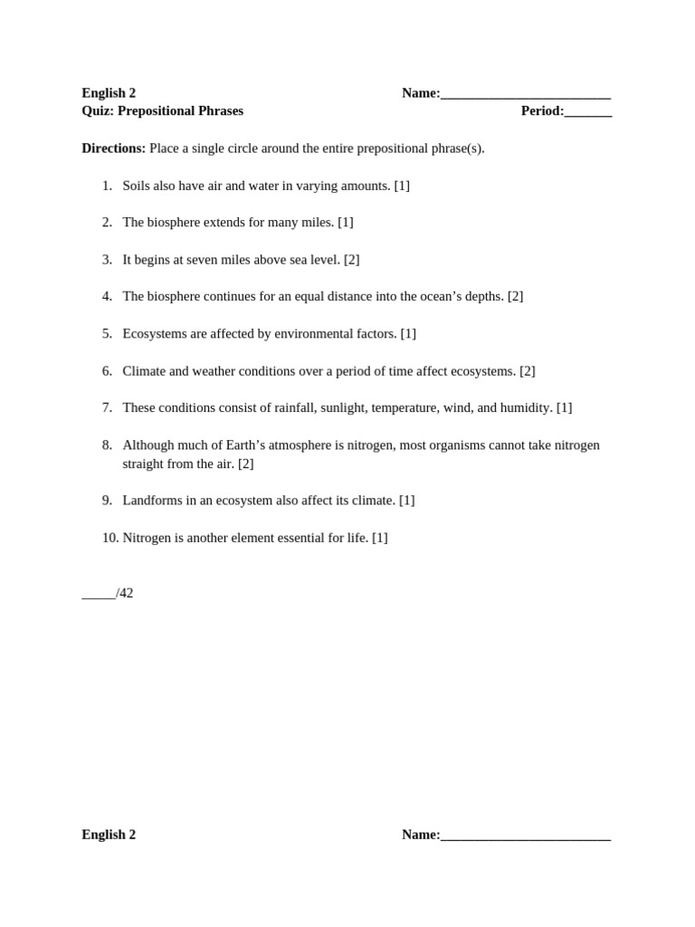 Quiz 2 - Prepositional Phrases | PDF