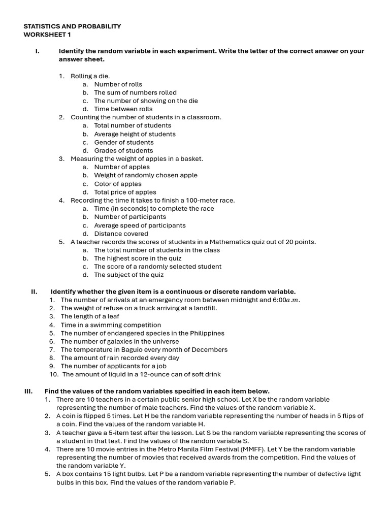 Worksheet-1 | PDF | Random Variable | Probability Distribution