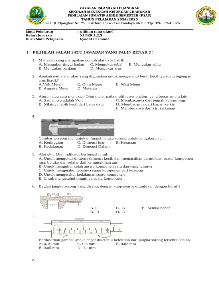Soal Psas Matpel Pilihan Xi TKR 1,2,3 2024-2025 | PDF
