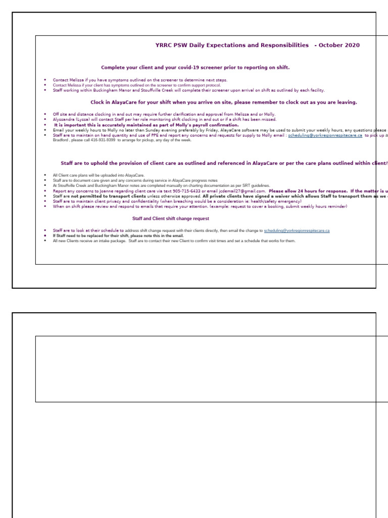 YRRC PSW Daily Expectations and Responsibilities Oct 2020 Rev | PDF