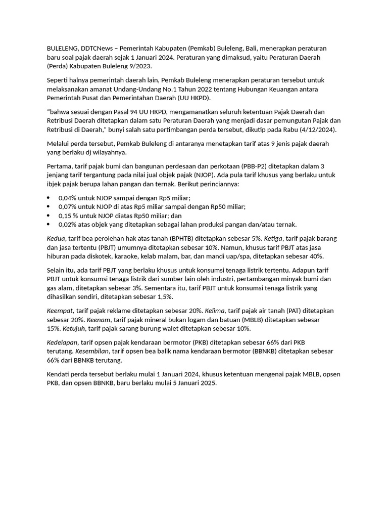 Tarif Pajak Baru Kabupaten Buleleng | PDF