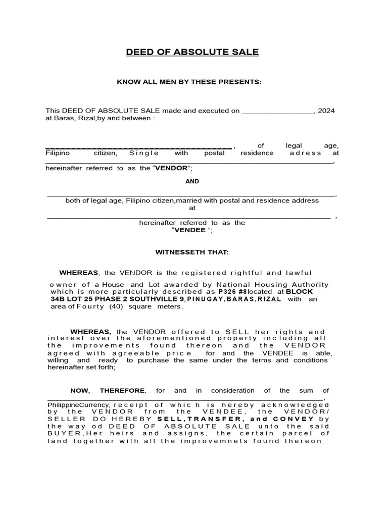 Deed of Absolute Sale House Lot | PDF | Assignment (Law) | Consent