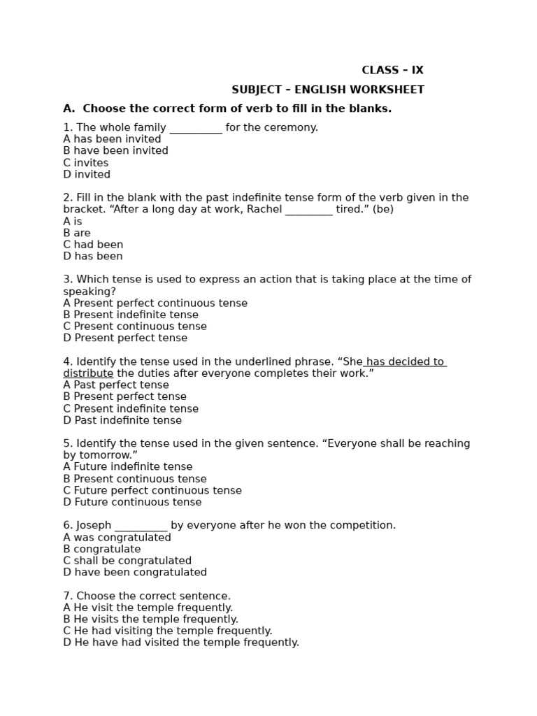 Class 9 English Worksheet | PDF | Grammatical Tense | Verb