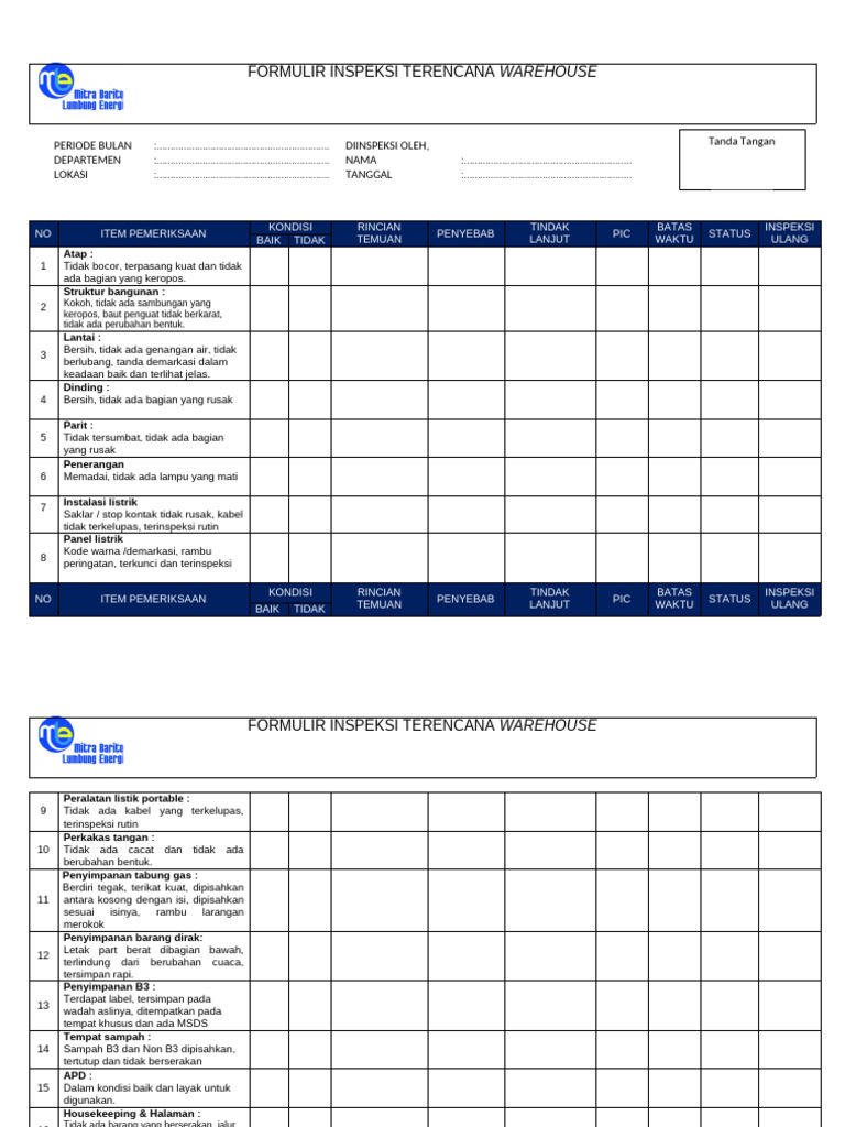 Form Inspeksi Warehouse | PDF
