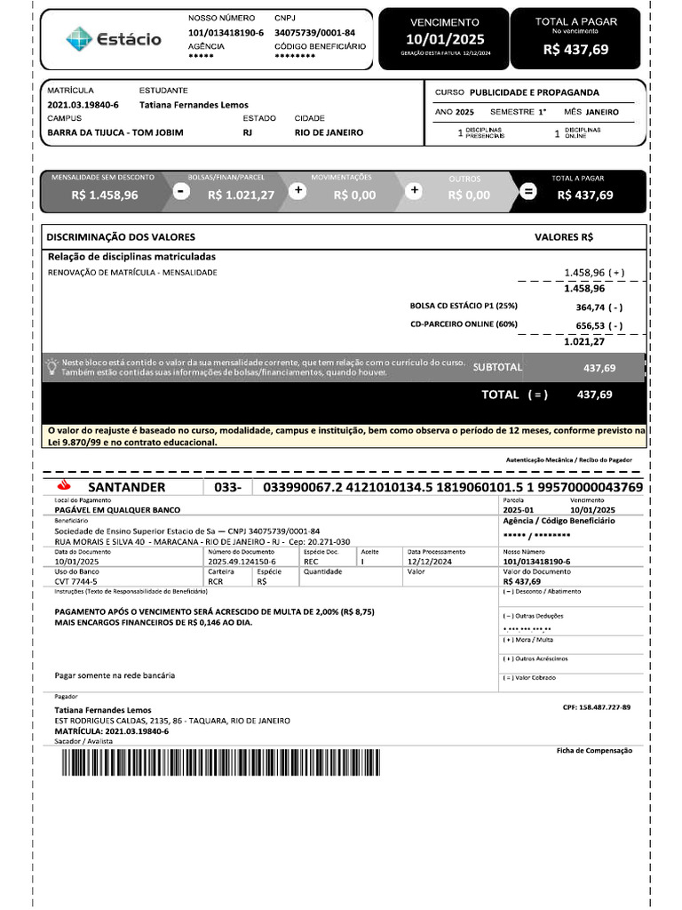 Boleto Estácio Janeiro | PDF