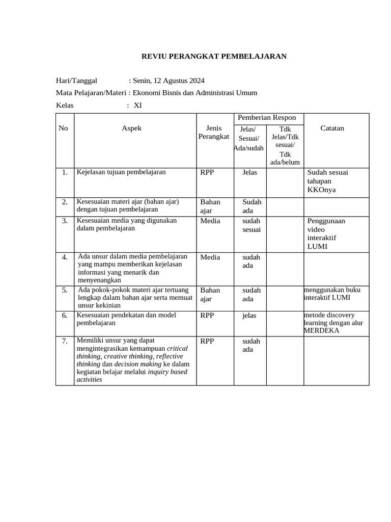 Form Review Perangkat Pembelajaran | PDF