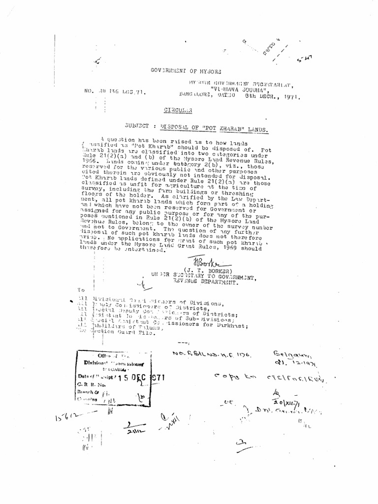 Government Circulars On Phut/ Pot A B Kharab Land For Karnataka Under ...