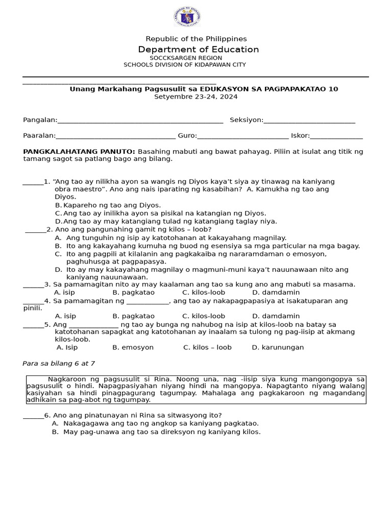 EsP 10 - TQ-Qtr1 | PDF