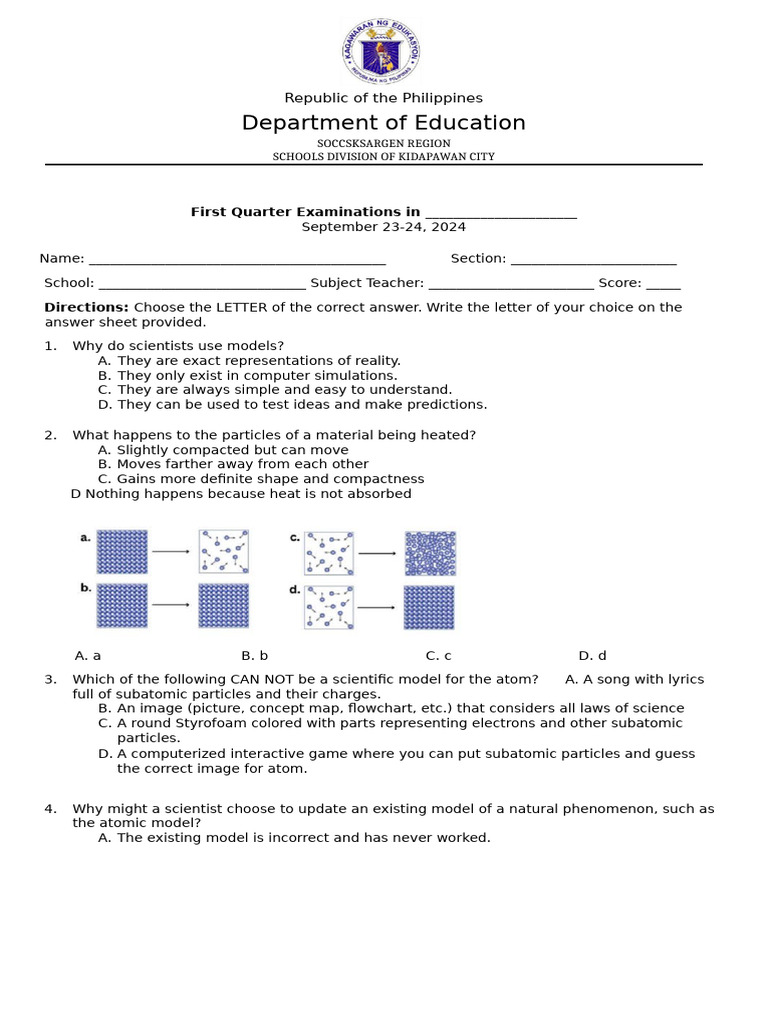 SCIENCE 7 1st Quarter Exam - TOS MATATAG - Final | PDF | Solubility | Gases