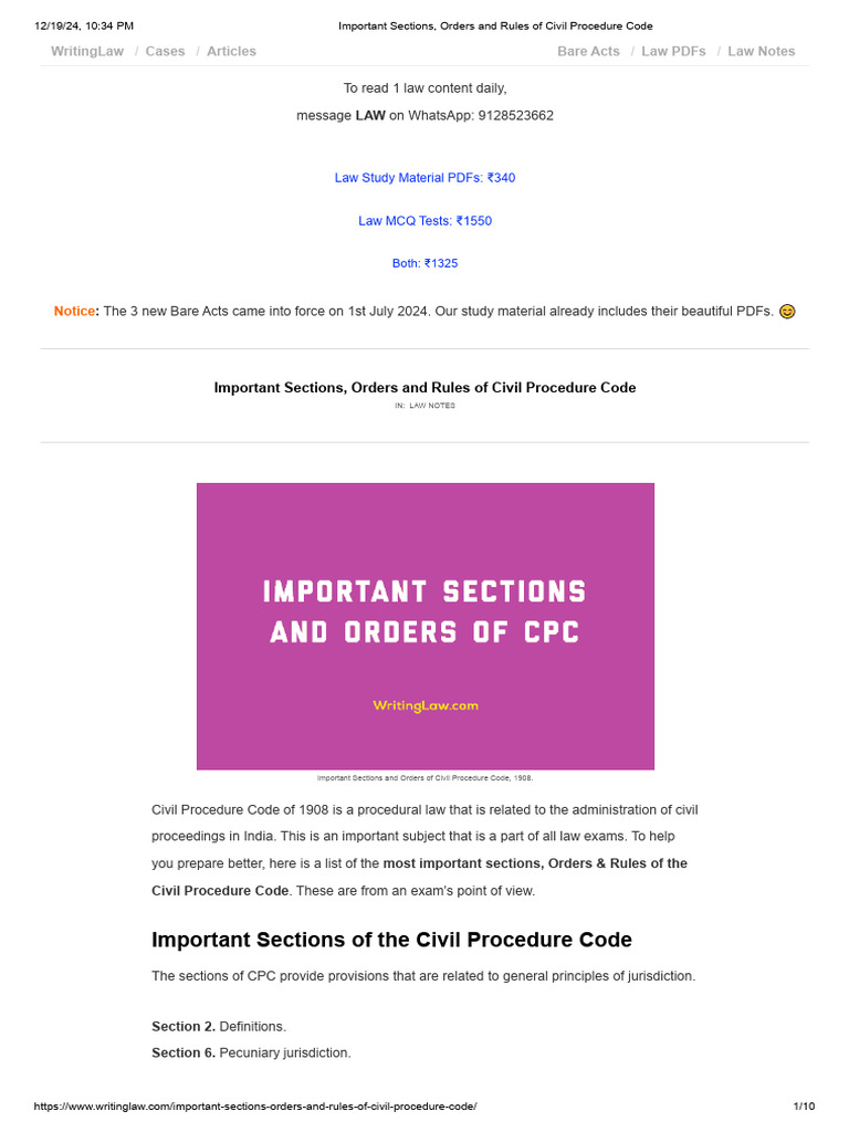 Important Sections, Orders and Rules of Civil Procedure Code | PDF ...