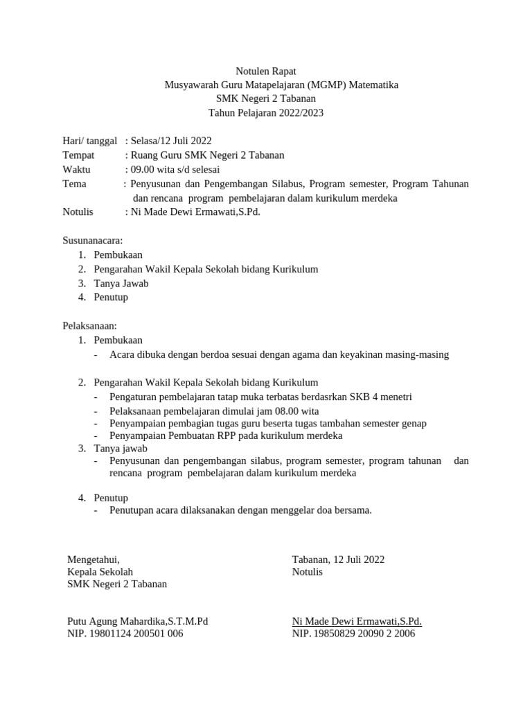 Notulen Rapat MGMP Matematika | PDF