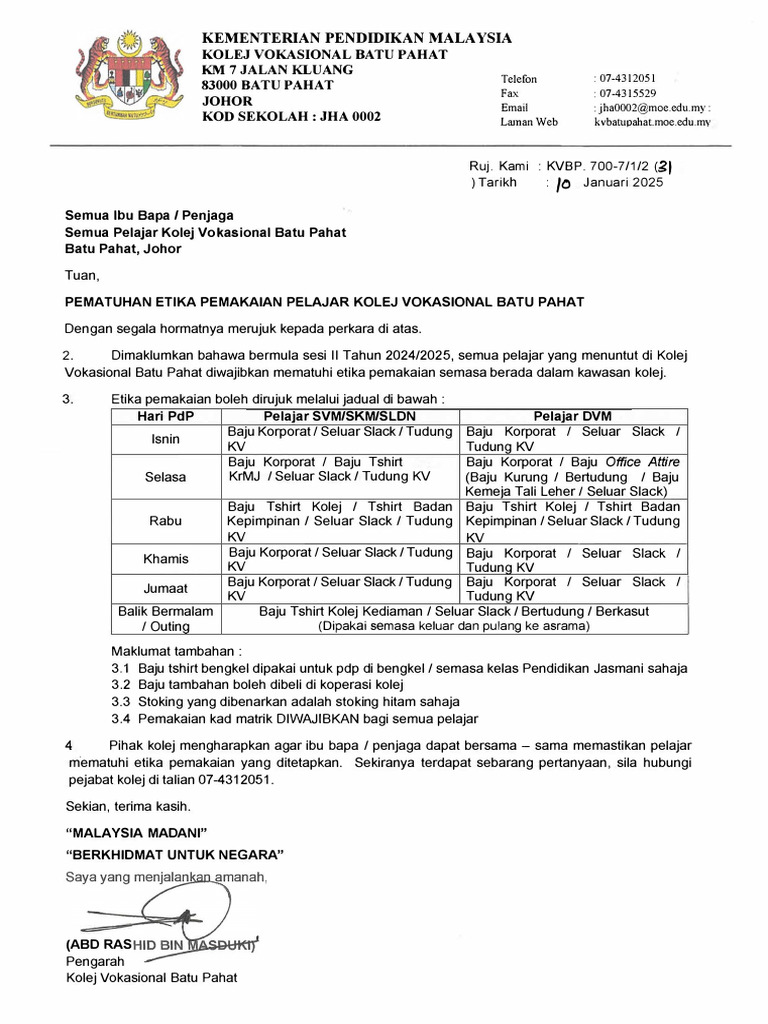 Pematuhan Etika Pemakaian Pelajar Kolej Vokasional Batu Pahat | PDF