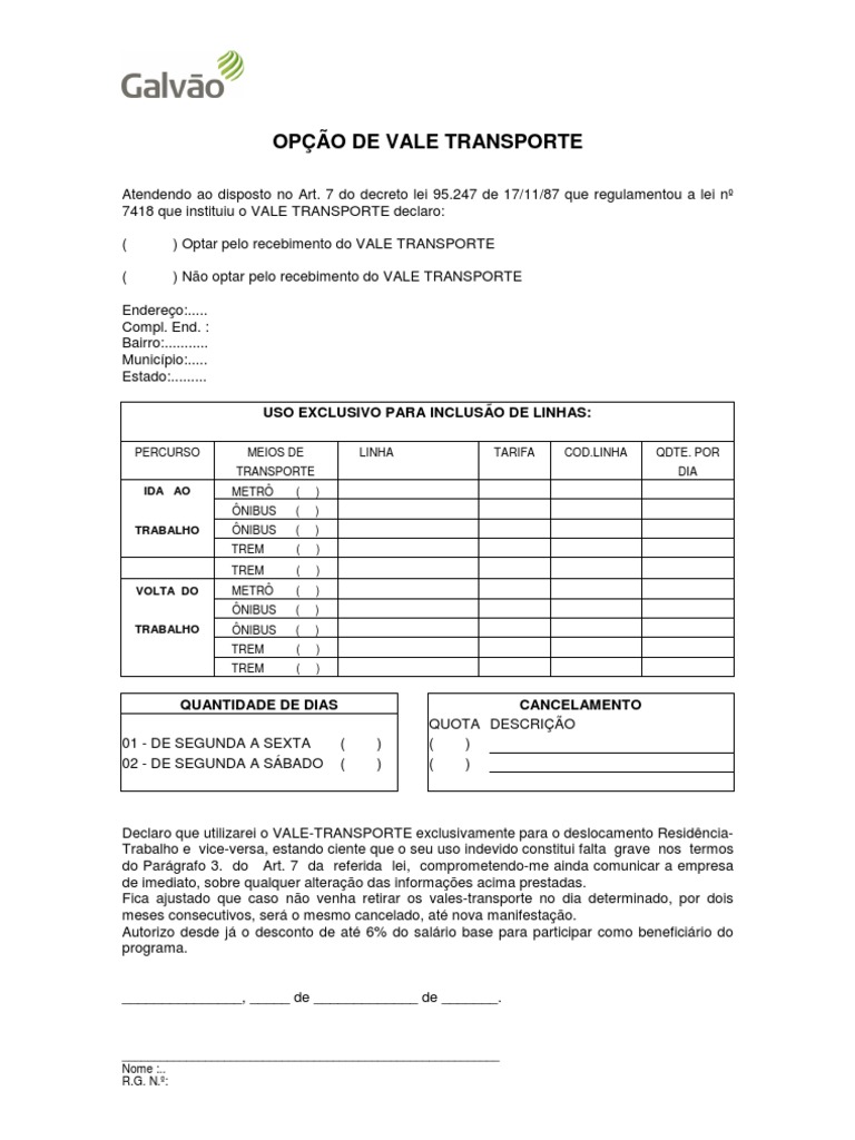 Formulário de Vale Transporte | PDF | Transporte | Business