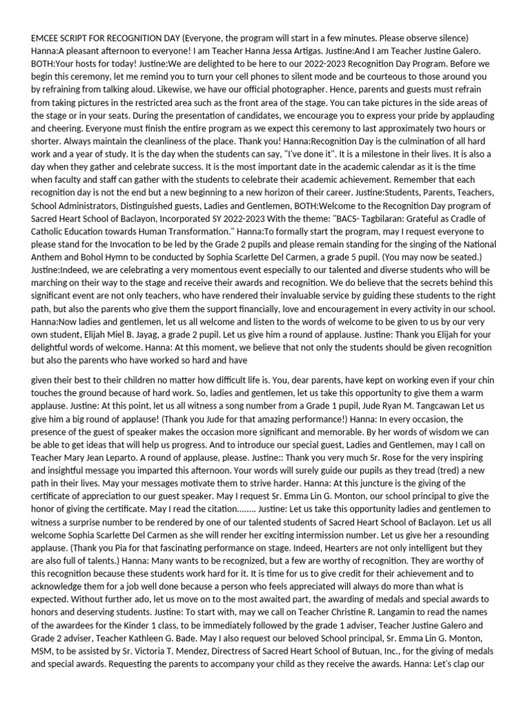 2-Emcee Script For Recognition Day | PDF