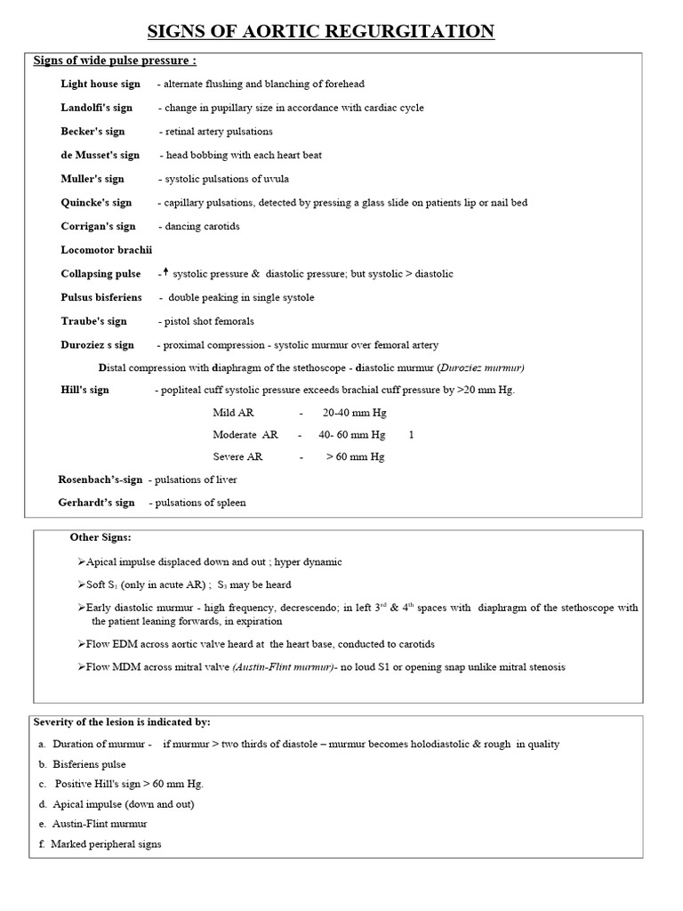 Valvular Lesions - Aortic Regurgitation (AR) - Signs & Severity | PDF
