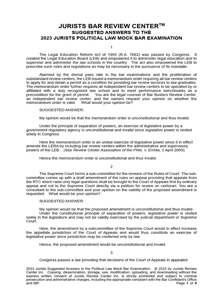 2023 Jurists Suggested Answers To The Political Law Mock Bar ...
