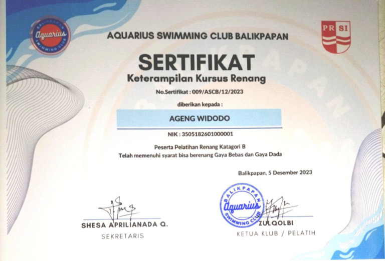 06. Sertifikat Renang - Ageng Widodo | PDF