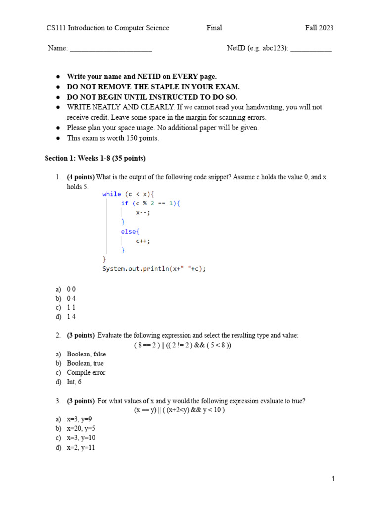 F23_FinalExam | PDF | Computing | Computer Programming