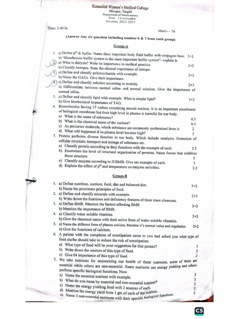 Biochemistry Term 1 (SAQ) | PDF