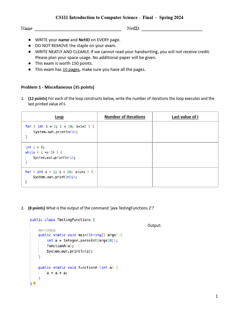 S24 CS111 Final Student Version | PDF | Method (Computer Programming) | Constructor (Object ...
