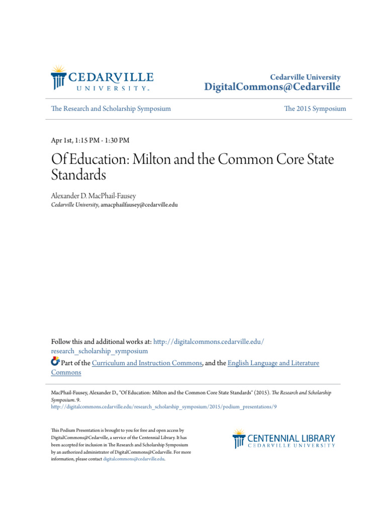 Of Education - Milton and The Common Core State Standards | PDF | John Milton | Curriculum