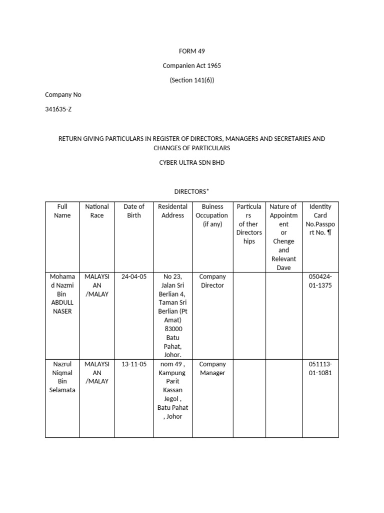 Directors & Managers Register Update | PDF